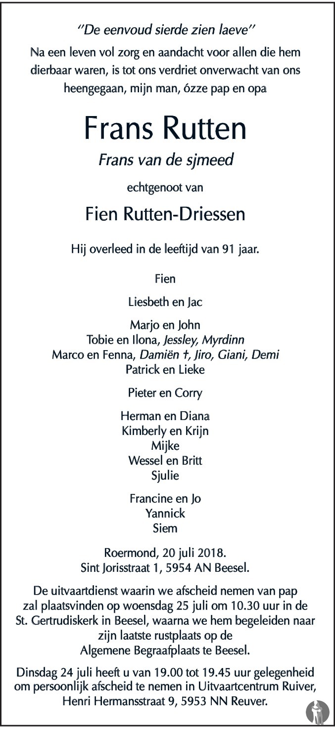 Frans (Frans van de Sjmeed) Rutten 20-07-2018 overlijdensbericht en ...