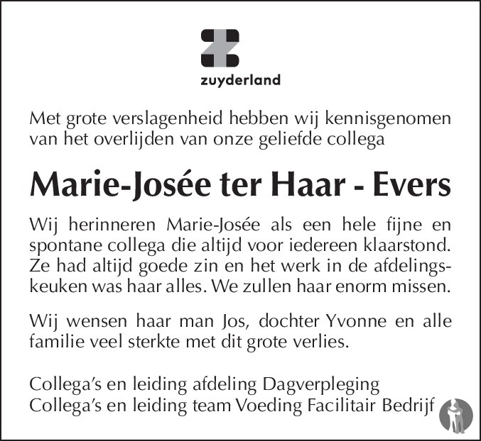 Marie-Josée ter Haar - Evers 22-11-2018 overlijdensbericht en ...