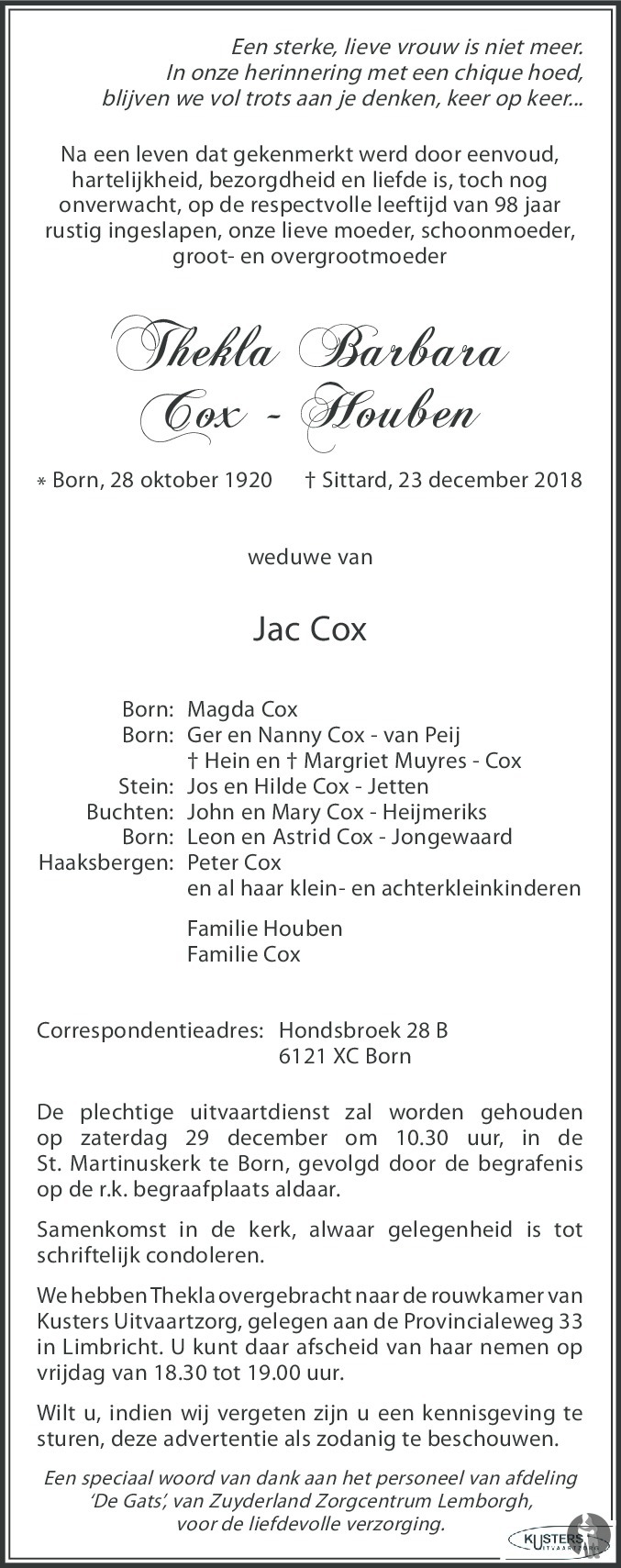 Thekla Barbara Cox - Houben 23-12-2018 overlijdensbericht en ...