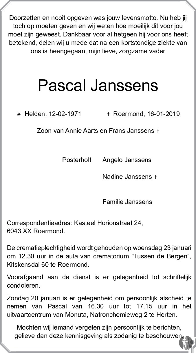 Pascal Janssens 16-01-2019 overlijdensbericht en condoleances ...