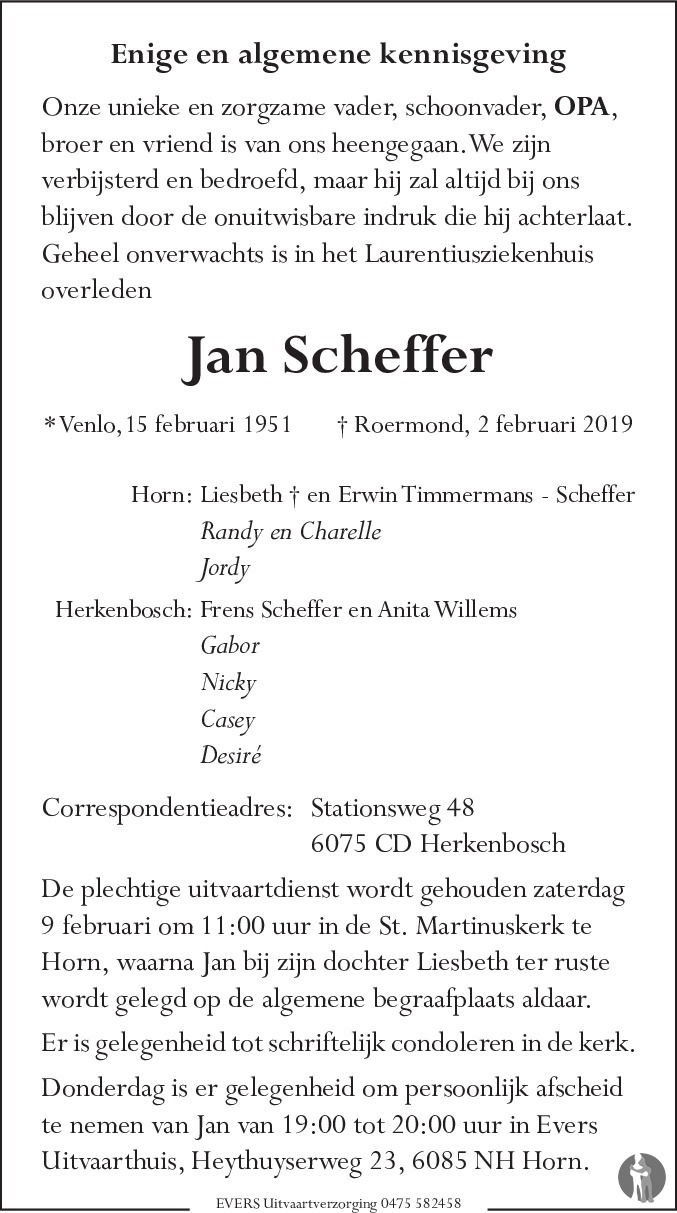 Jan Scheffer 02-02-2019 overlijdensbericht en condoleances - Mensenlinq.nl