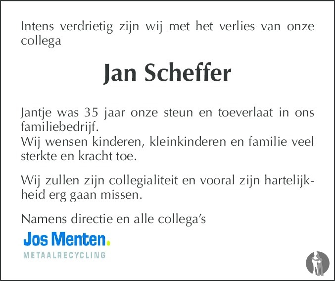 Jan Scheffer 02-02-2019 overlijdensbericht en condoleances - Mensenlinq.nl