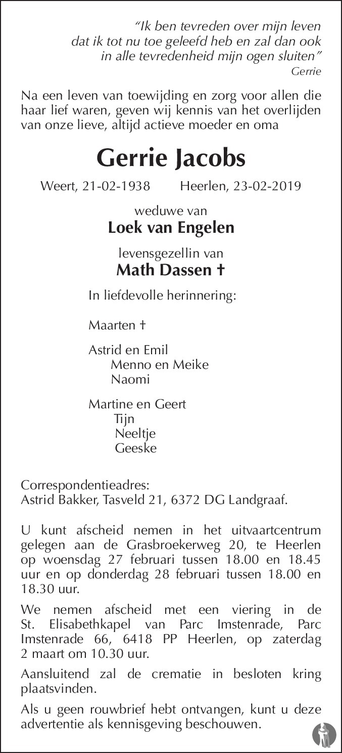 Gerrie Jacobs 23-02-2019 overlijdensbericht en condoleances - Mensenlinq.nl