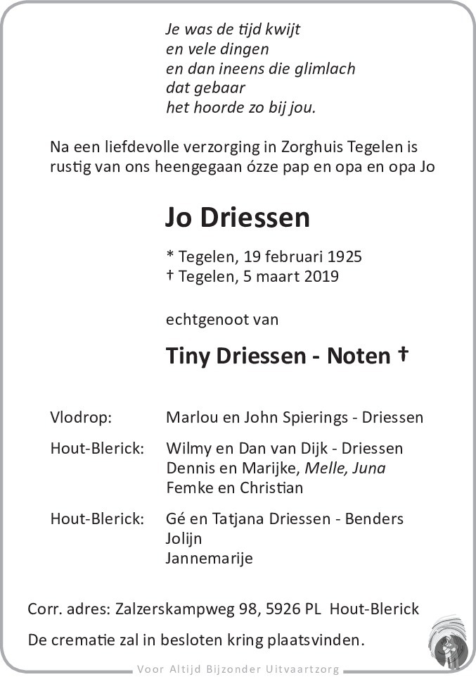 Jo Driessen 05-03-2019 overlijdensbericht en condoleances - Mensenlinq.nl