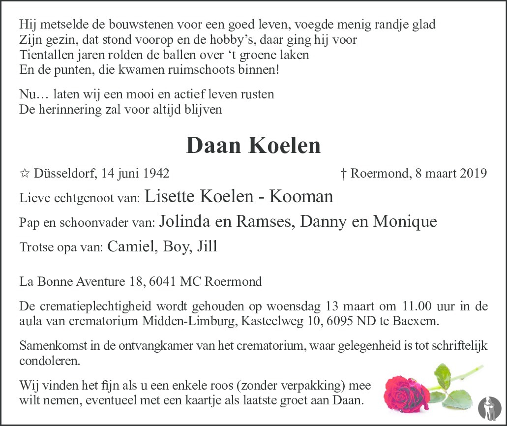 Daan Koelen 08-03-2019 overlijdensbericht en condoleances - Mensenlinq.nl