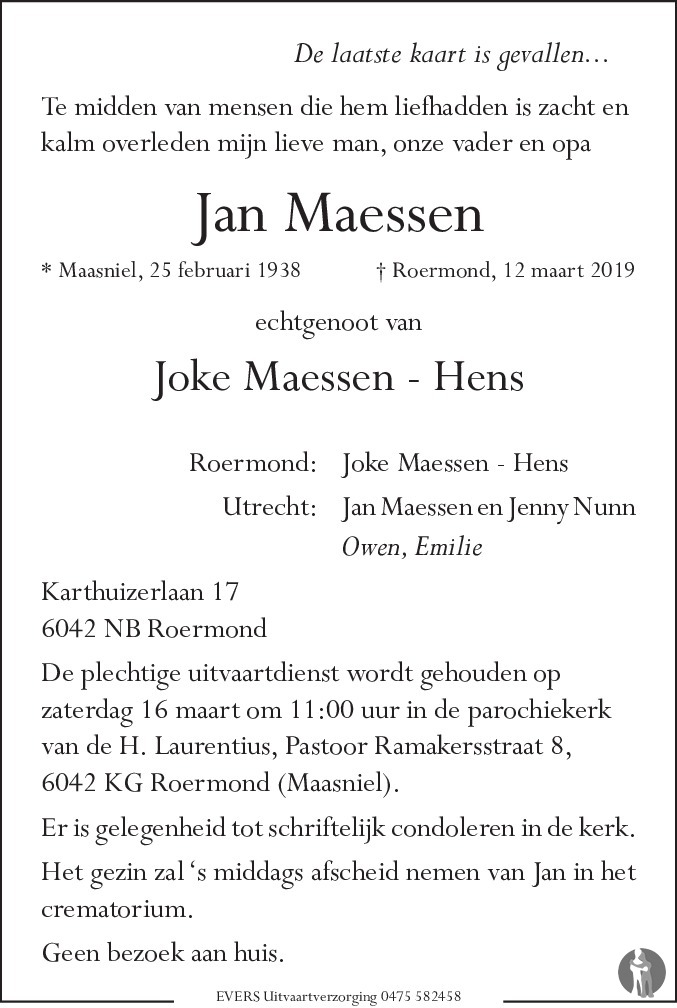 Jan Maessen 12-03-2019 overlijdensbericht en condoleances - Mensenlinq.nl