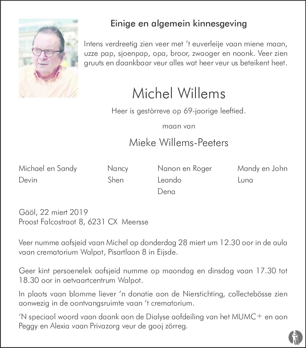 Michel Willems 22-03-2019 overlijdensbericht en condoleances - Mensenlinq.nl