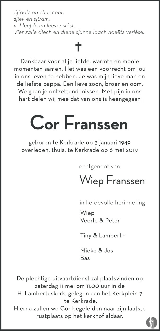 Cor Franssen 06-05-2019 overlijdensbericht en condoleances - Mensenlinq.nl