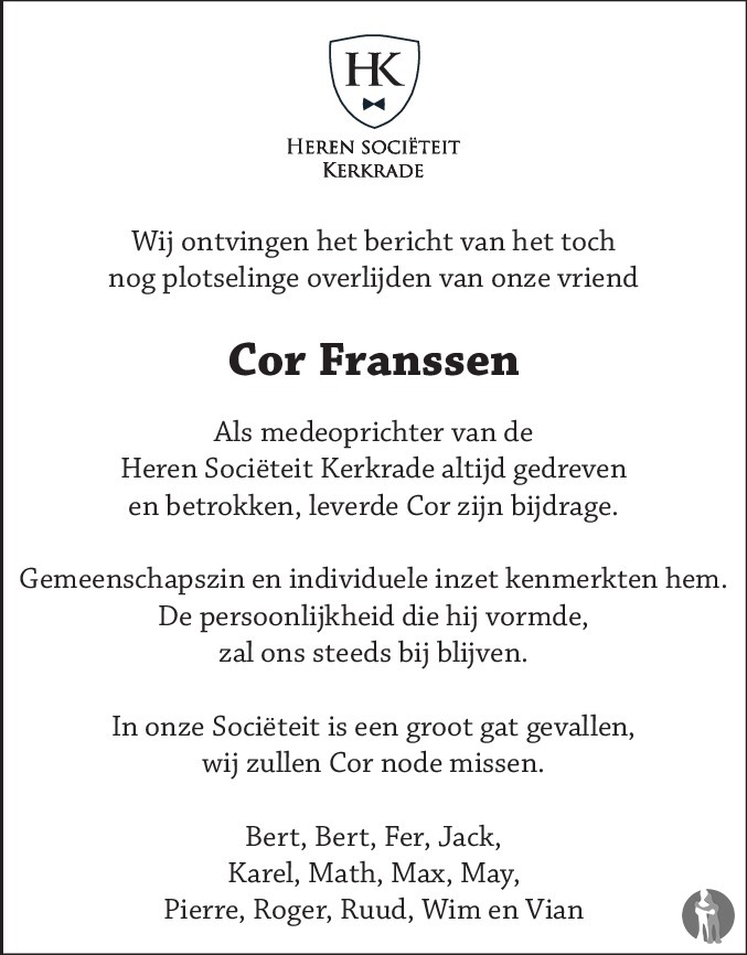 Cor Franssen 06-05-2019 overlijdensbericht en condoleances - Mensenlinq.nl