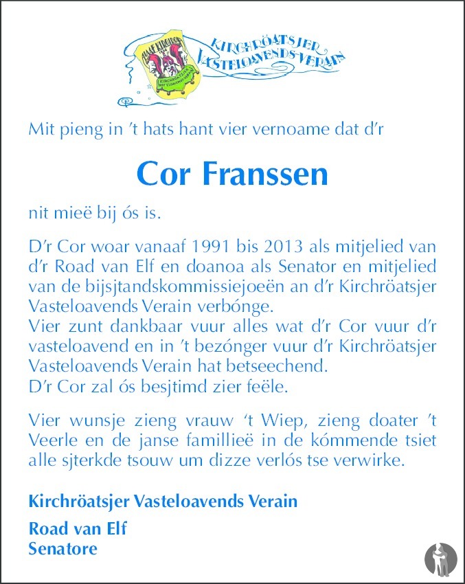 Cor Franssen 06-05-2019 overlijdensbericht en condoleances - Mensenlinq.nl