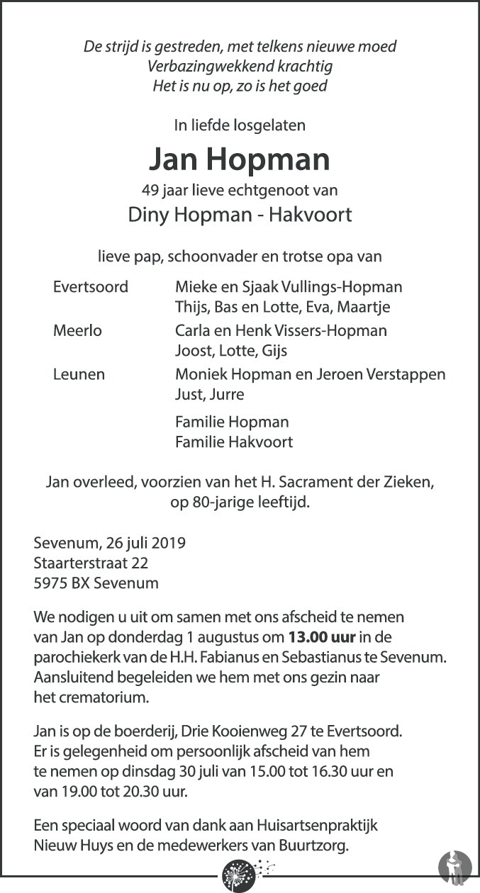 Jan Hopman 26-07-2019 overlijdensbericht en condoleances - Mensenlinq.nl