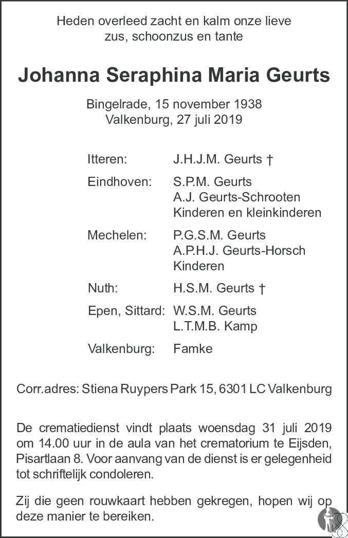 Johanna Seraphina Maria Geurts 27-07-2019 overlijdensbericht en ...