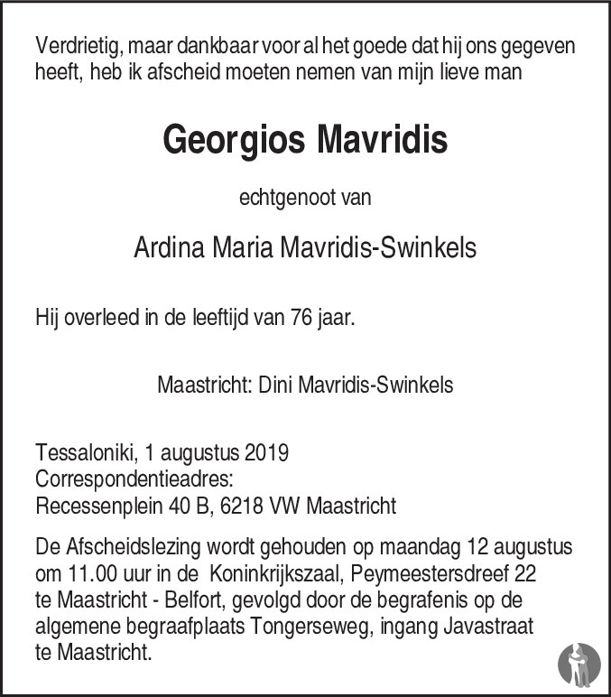 Georgios Mavridis 01-08-2019 overlijdensbericht en condoleances ...