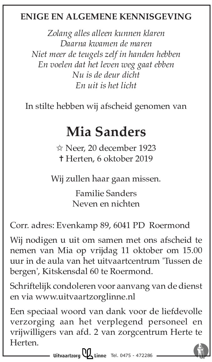 Mia Sanders 06 10 2019 Overlijdensbericht En Condoleances Mensenlinqnl