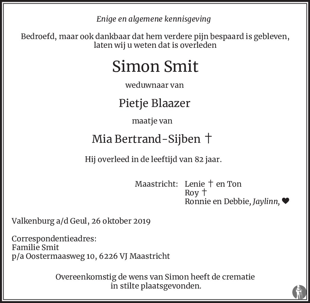 Simon Smit 26-10-2019 overlijdensbericht en condoleances - Mensenlinq.nl