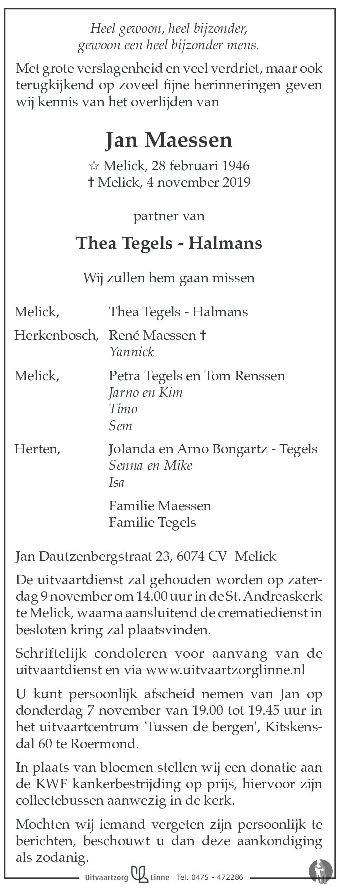 Jan Maessen 04-11-2019 overlijdensbericht en condoleances - Mensenlinq.nl