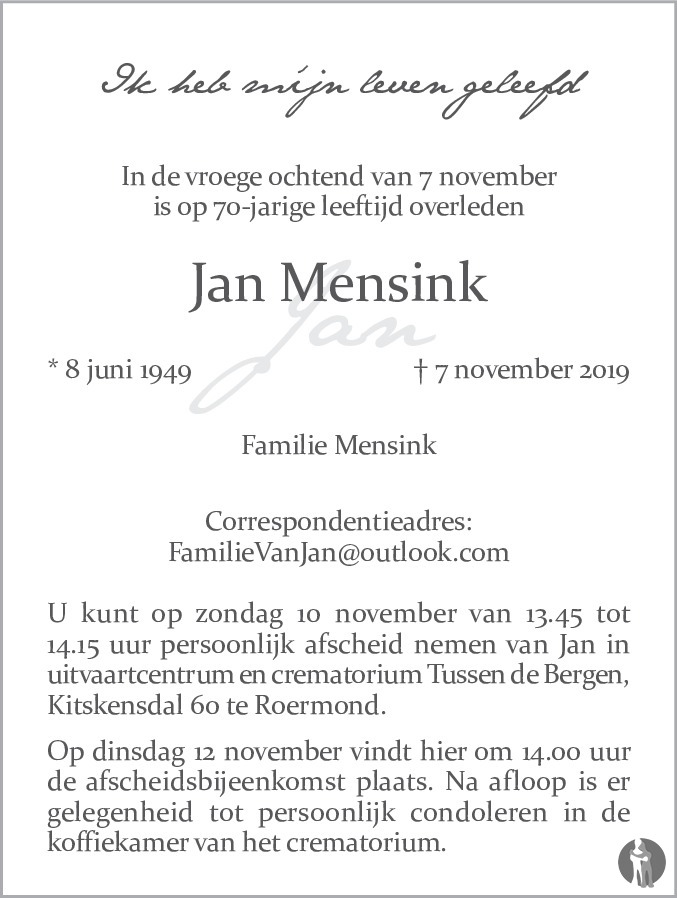 Jan Mensink 07-11-2019 overlijdensbericht en condoleances - Mensenlinq.nl