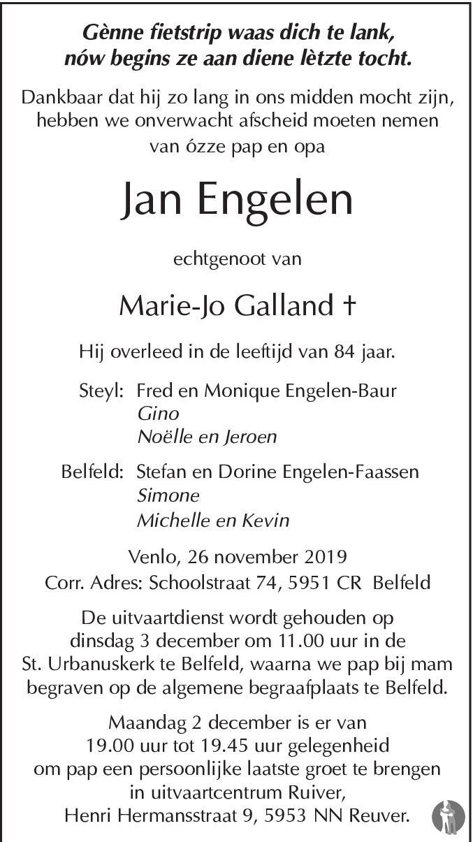 Jan Engelen 26-11-2019 overlijdensbericht en condoleances - Mensenlinq.nl