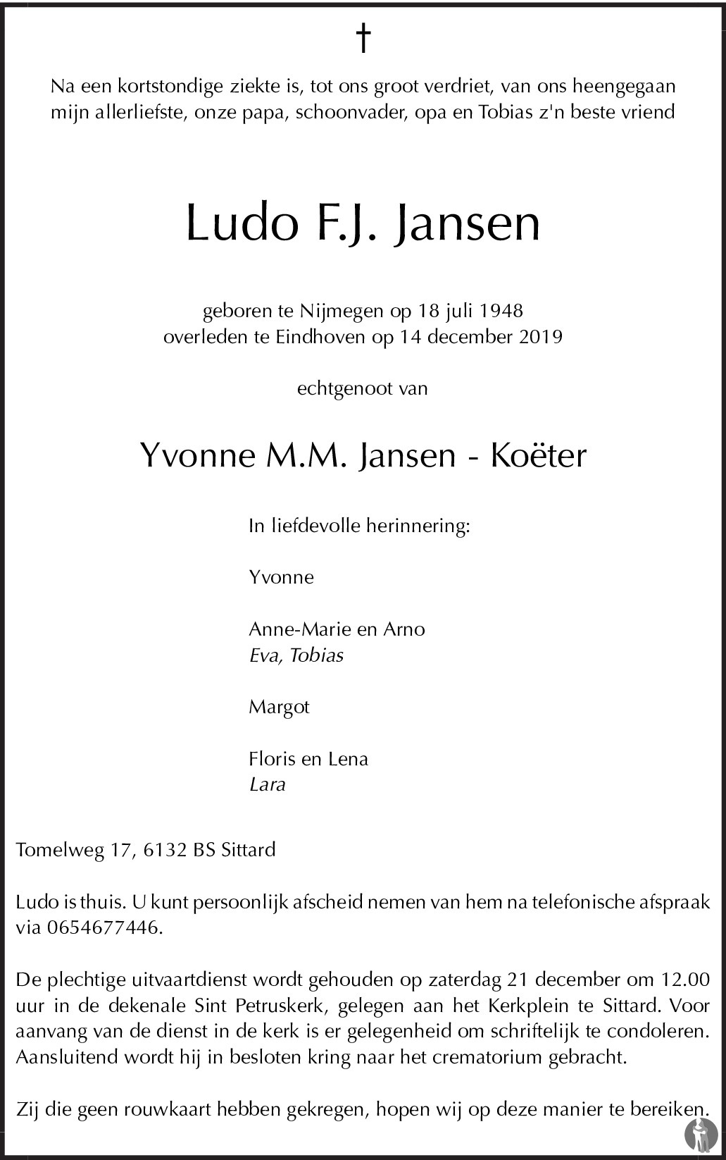 Ludo F.J. Jansen 14-12-2019 overlijdensbericht en condoleances ...