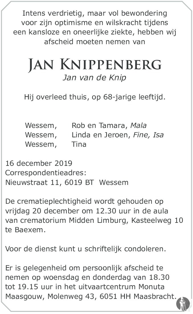 Jan (Jan van de Knip) Knippenberg 16-12-2019 overlijdensbericht en ...