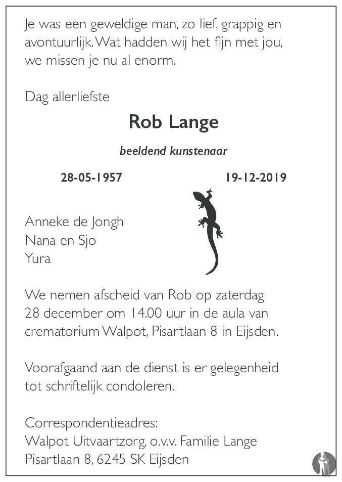 Rob Lange 19-12-2019 overlijdensbericht en condoleances - Mensenlinq.nl