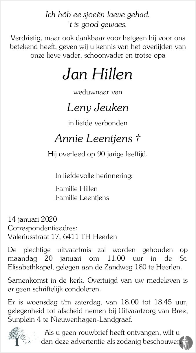 Jan Hillen 14-01-2020 overlijdensbericht en condoleances - Mensenlinq.nl