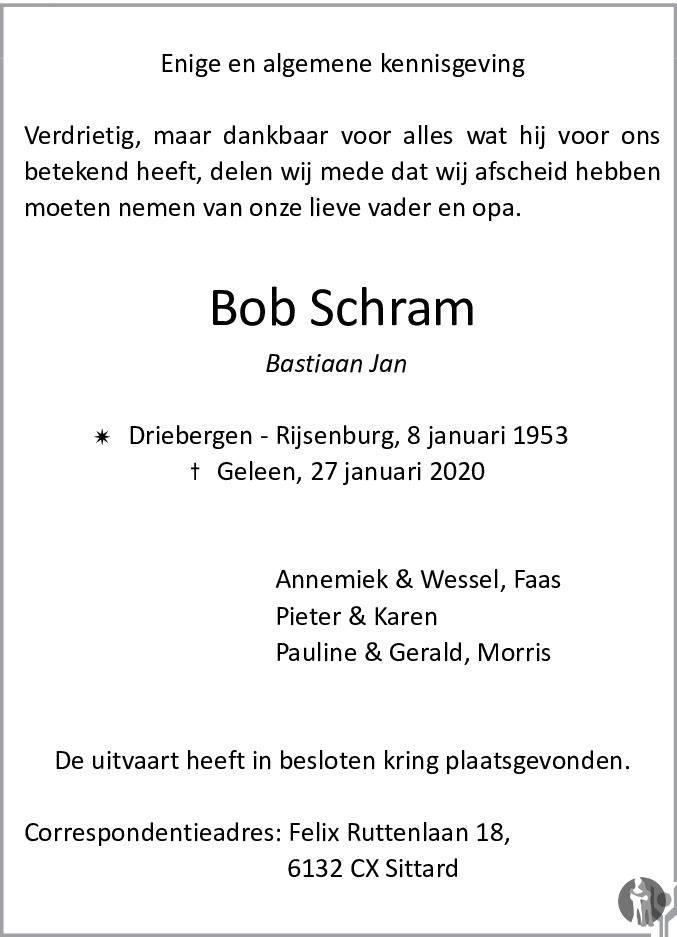 Bob Schram 27-01-2020 overlijdensbericht en condoleances - Mensenlinq.nl