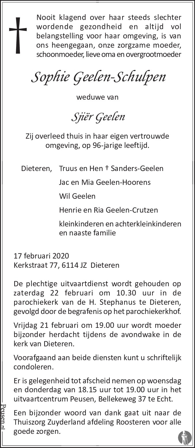 Sophie Geelen-Schulpen 17-02-2020 overlijdensbericht en condoleances ...