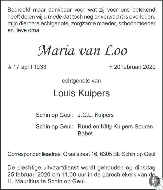 Maria Kuipers-van Loo 20-02-2020 overlijdensbericht en condoleances ...