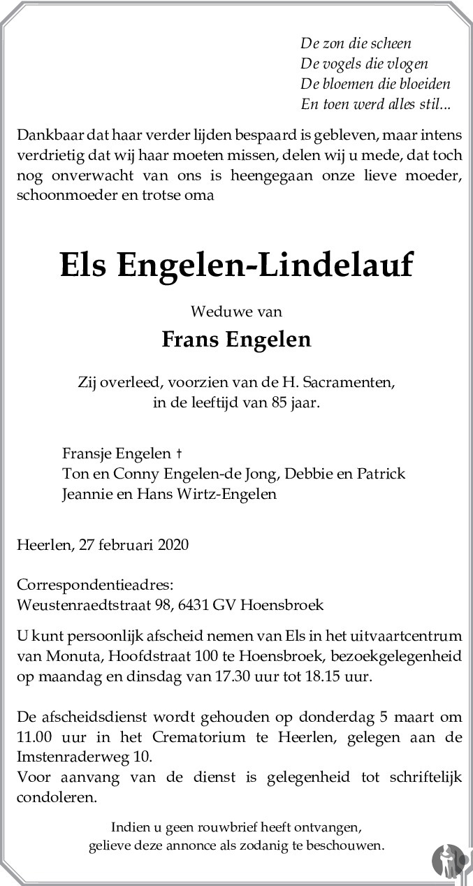 Els Engelen-Lindelauf 27-02-2020 overlijdensbericht en condoleances ...