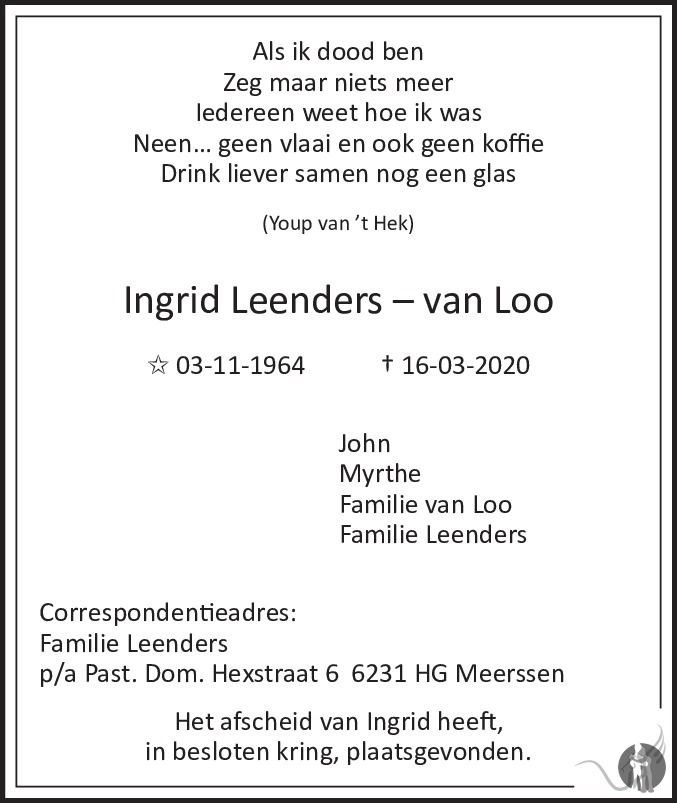 Ingrid Leenders-van Loo 16-03-2020 overlijdensbericht en condoleances ...