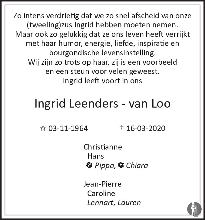 Ingrid Leenders-van Loo 16-03-2020 overlijdensbericht en condoleances ...