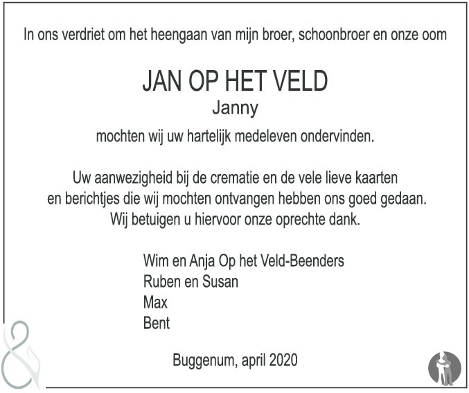 Jan op het Veld 09-03-2020 overlijdensbericht en condoleances ...