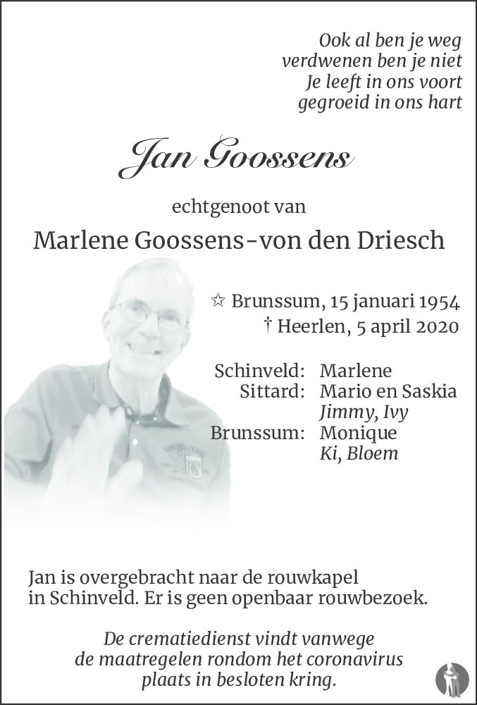 Jan Goossens 05-04-2020 overlijdensbericht en condoleances - Mensenlinq.nl