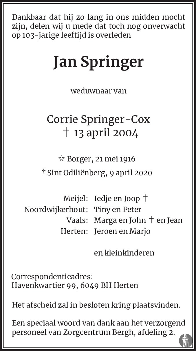 Jan Springer 09-04-2020 overlijdensbericht en condoleances - Mensenlinq.nl