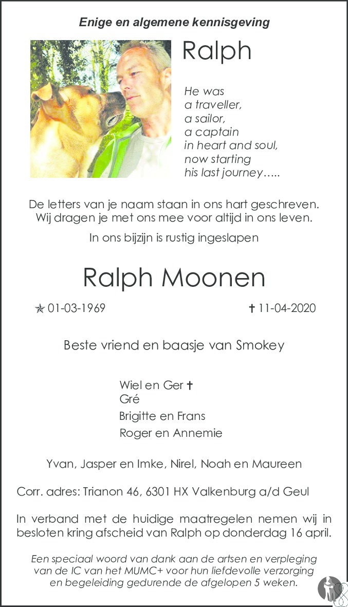 Ralph Moonen 11-04-2020 overlijdensbericht en condoleances - Mensenlinq.nl