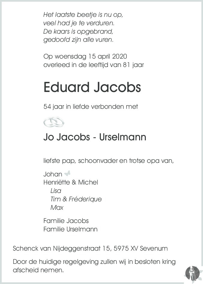 Eduard Jacobs 15-04-2020 overlijdensbericht en condoleances - Mensenlinq.nl