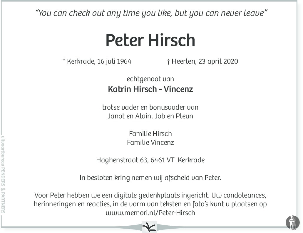 Peter Hirsch 23-04-2020 overlijdensbericht en condoleances - Mensenlinq.nl