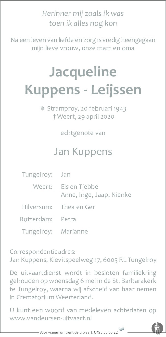 Jacqueline Kuppens-Leijssen 29-04-2020 overlijdensbericht en ... Jacqueline Kuppens-Leijssen 29-04-2020 overlijdensbericht en ...