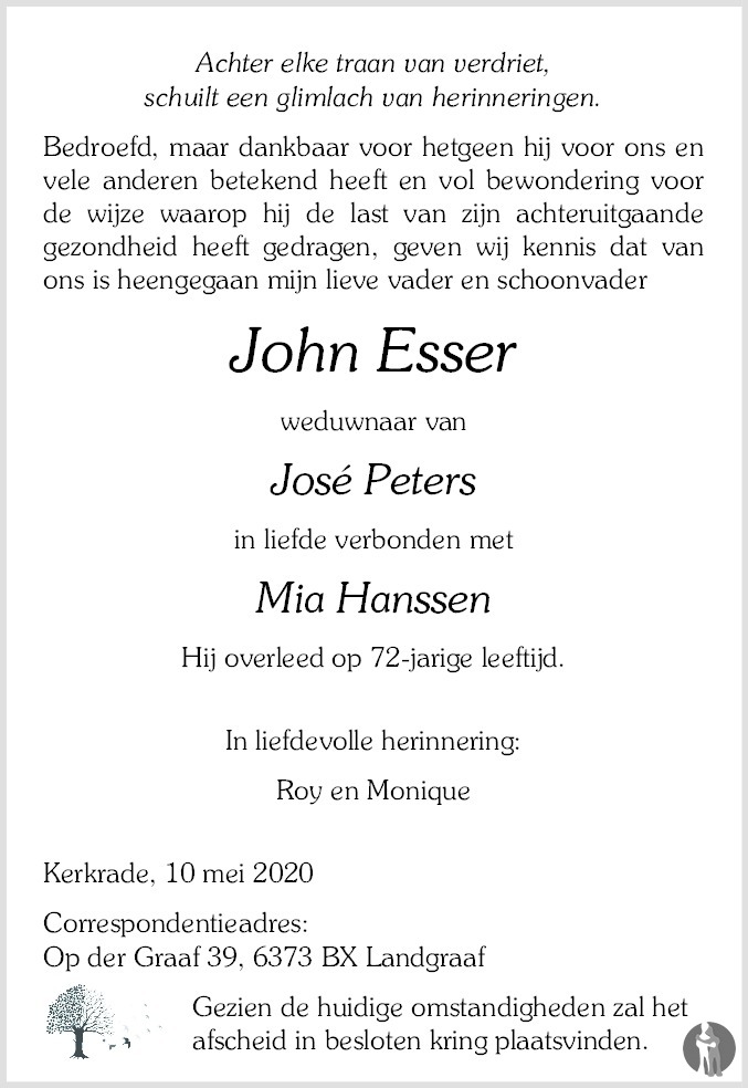 John Esser 10-05-2020 overlijdensbericht en condoleances - Mensenlinq.nl
