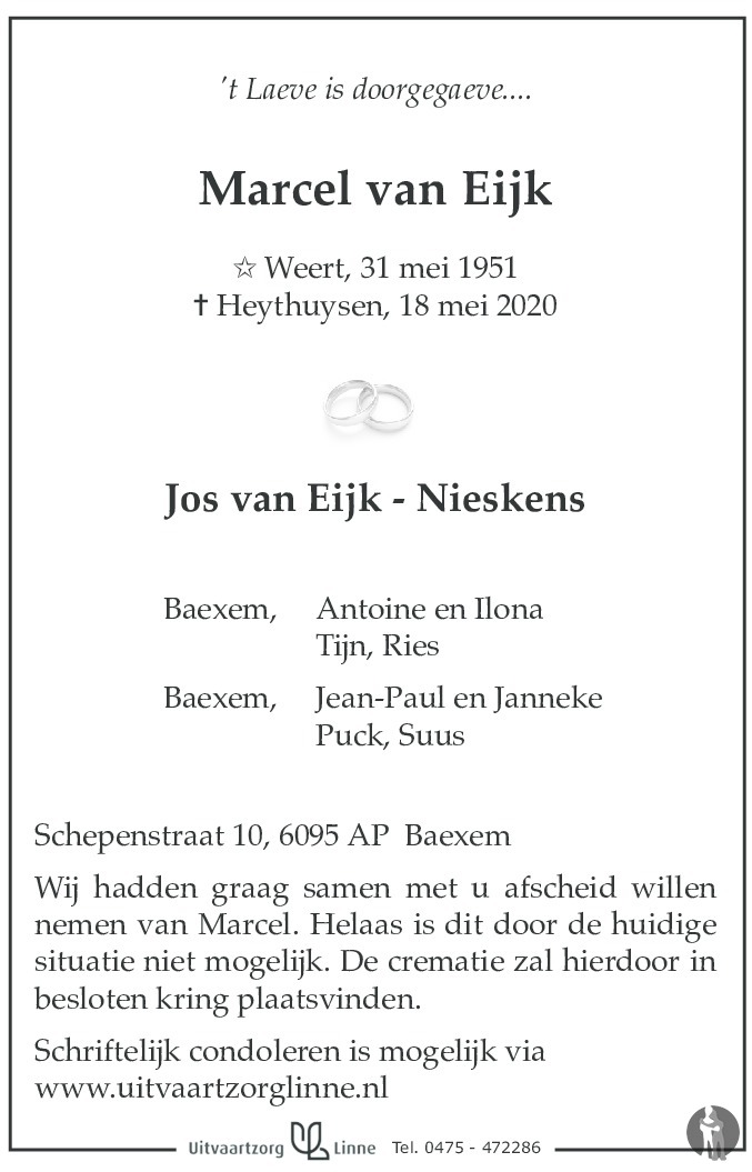Marcel Van Eijk 18-05-2020 overlijdensbericht en condoleances ...