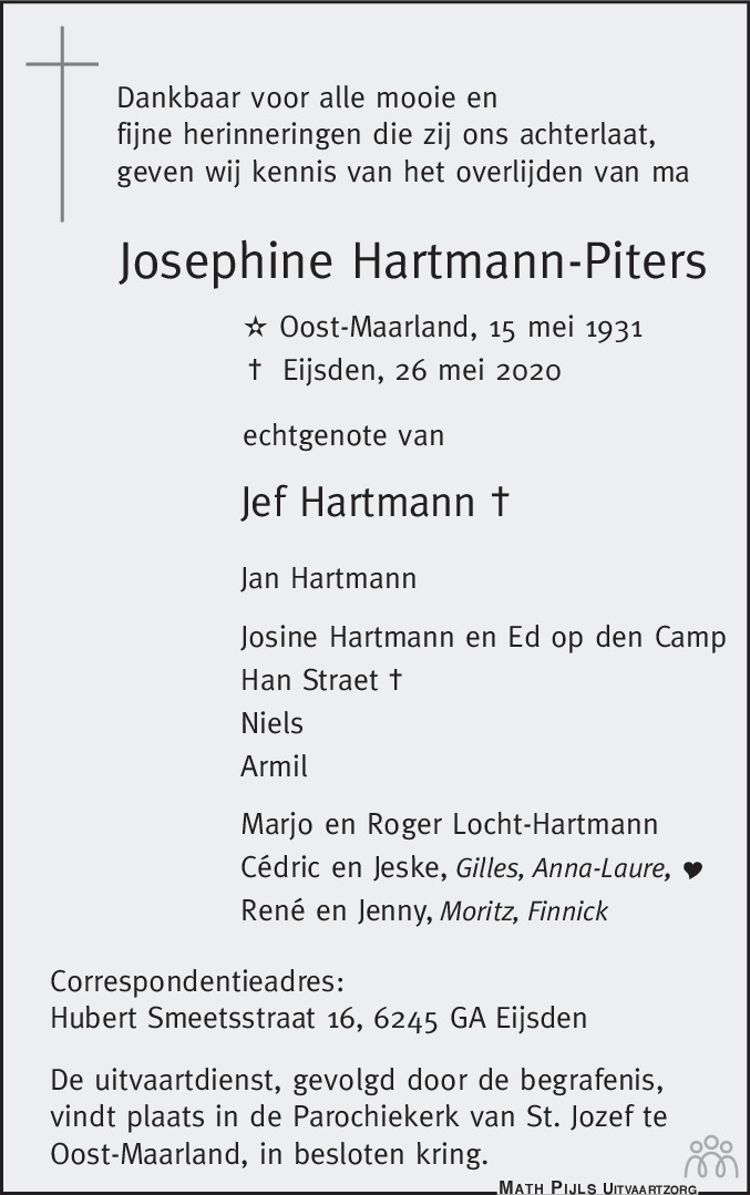 Josephine Hartmann-Piters 26-05-2020 overlijdensbericht en condoleances ...