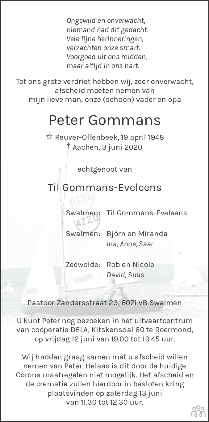 Peter Gommans 03-06-2020 overlijdensbericht en condoleances - Mensenlinq.nl