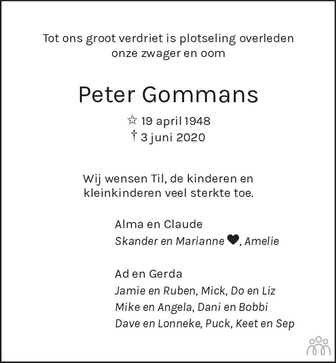 Peter Gommans 03-06-2020 overlijdensbericht en condoleances - Mensenlinq.nl