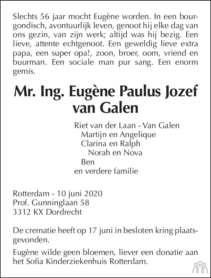 Eugène Paulus Jozef van Galen 10-06-2020 overlijdensbericht en ...
