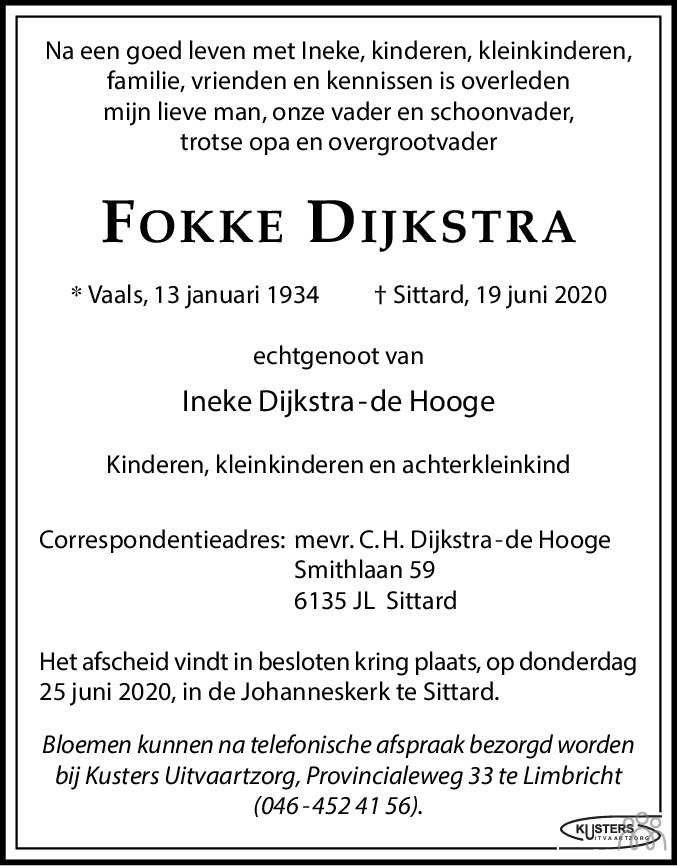 Fokke Dijkstra 19-06-2020 overlijdensbericht en condoleances ...