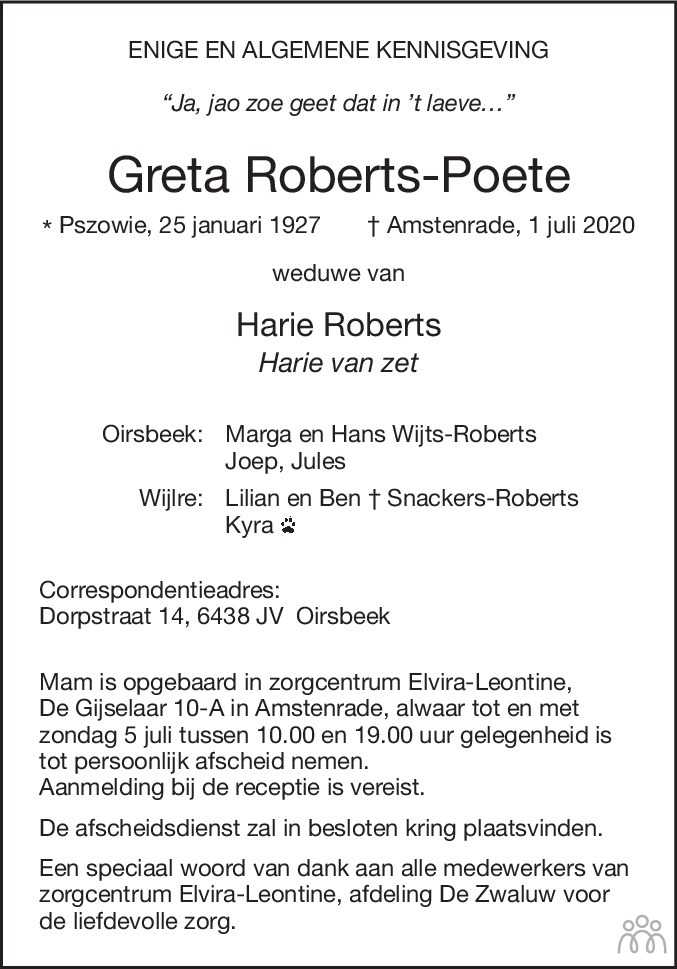 Greta Roberts-Poete 01-07-2020 overlijdensbericht en condoleances ...