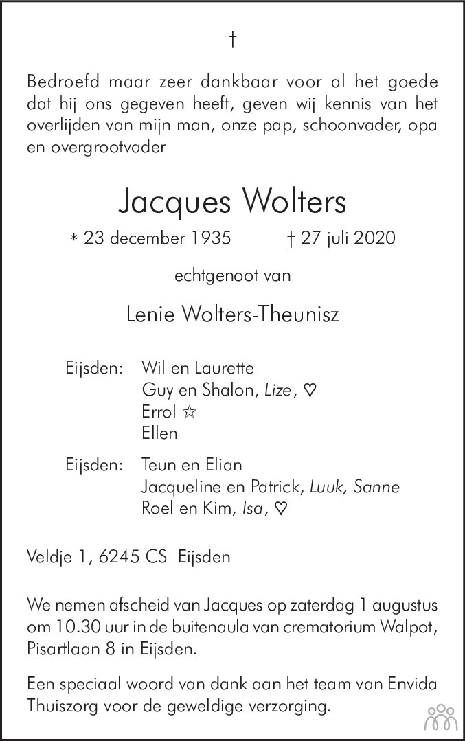 Jacques Wolters 27-07-2020 overlijdensbericht en condoleances ...