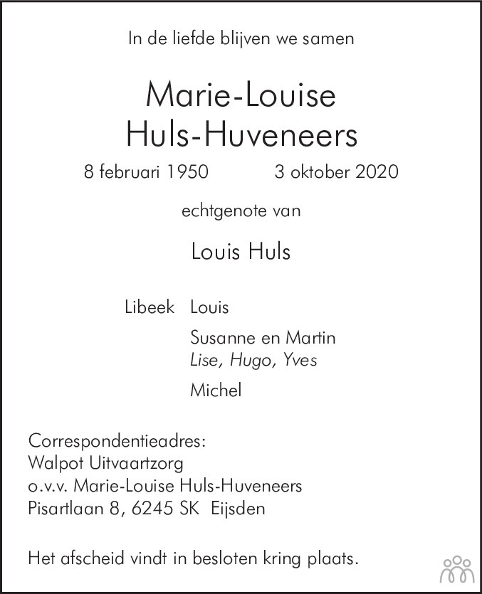 Marie-Louise Huls-Huveneers 03-10-2020 overlijdensbericht en ...