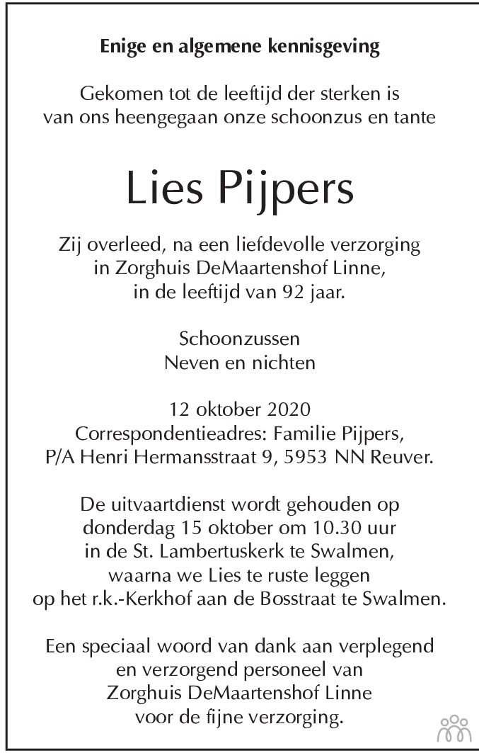 Lies Pijpers 12-10-2020 overlijdensbericht en condoleances - Mensenlinq.nl